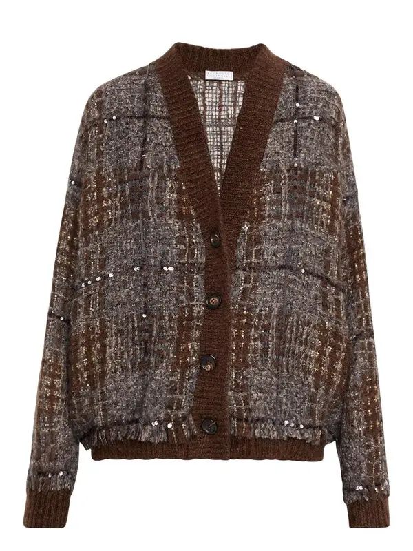 Brunello Cucinelli Tartan Organza Embroidered Cardigan - Brown