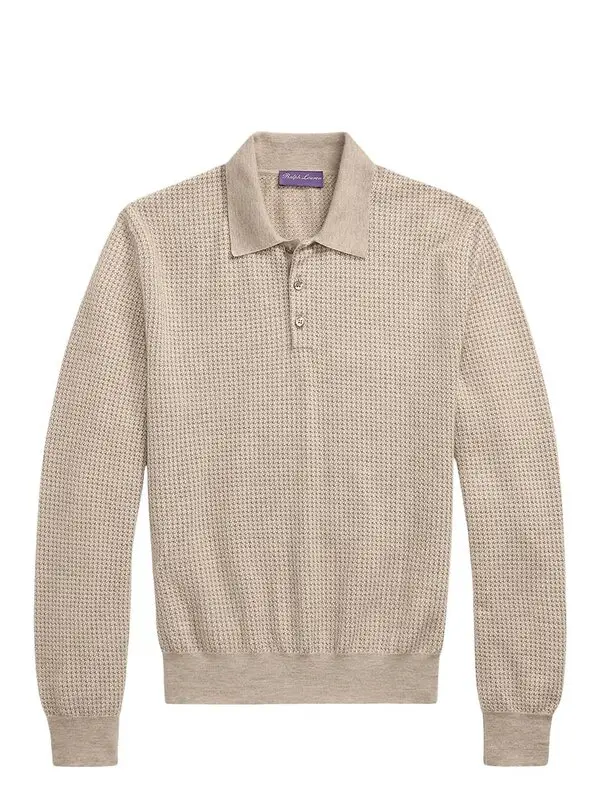 Ralph Lauren Cashmere Waffle Knit Polo Sweater - Truffle Melange