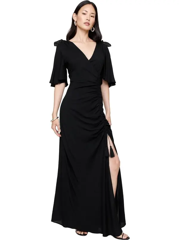 Banana Republic Stretch-crepe Flutter-sleeve Maxi Dress - Black