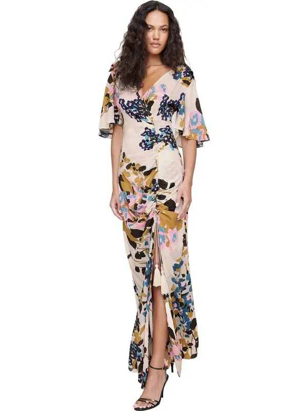 Banana Republic Stretch-crepe Flutter-sleeve Maxi Dress - Ivory Floral Graphic
