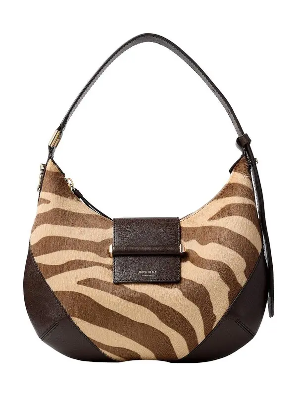 JIMMY CHOO Bar Hobo Small Zebra Print Pony Leather Shoulder Bag - Natural/chocolate/shiny Gold