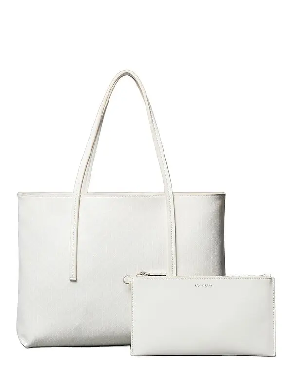 Calvin Klein Allover Emblem Logo Small Tote Bag With Pouch - Lily White Aop