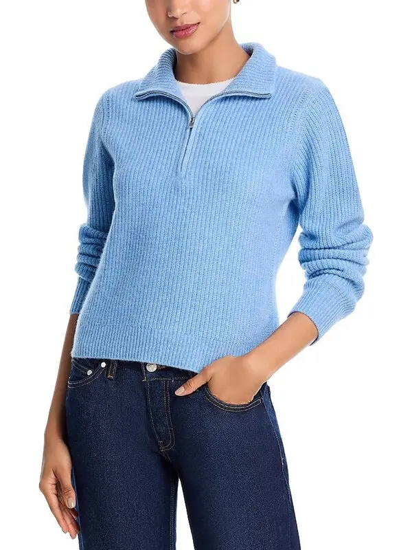 Aqua 100% Cashmere Zip Neck Sweater - Heather Blue
