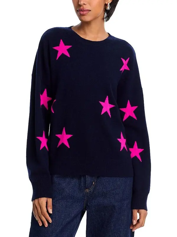 Aqua 100% Cashmere Star Crewneck Sweater - Peacock/knockout Pink