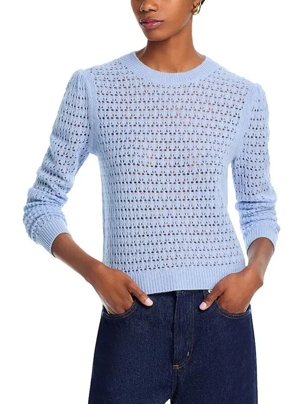 Aqua 100% Cashmere Openwork Crewneck Sweater - Chambray