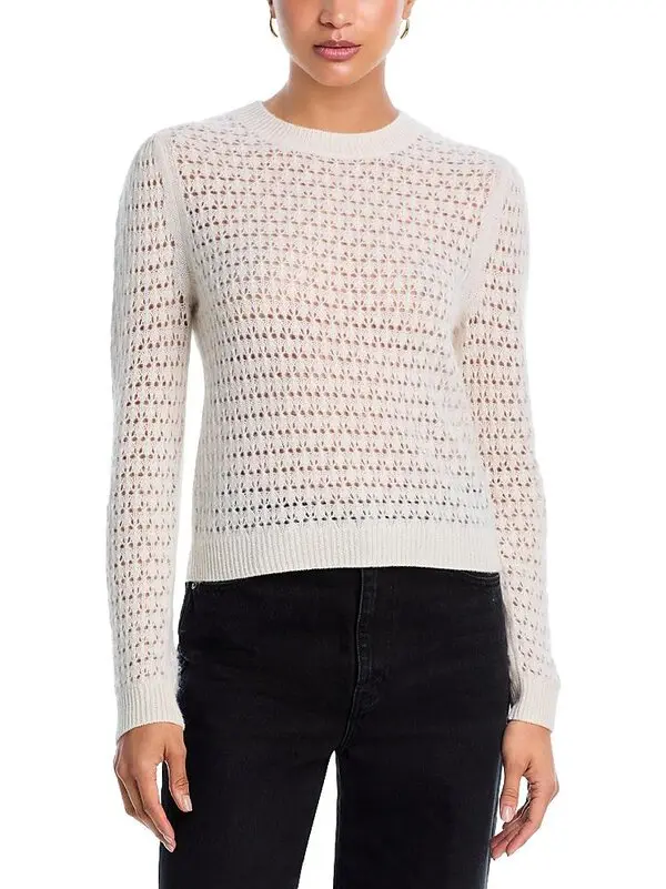 Aqua 100% Cashmere Openwork Crewneck Sweater - Ivory