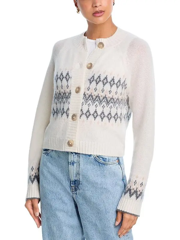 Aqua 100% Cashmere Fair Isle Crewneck Cardigan - Ivory/oat/grey