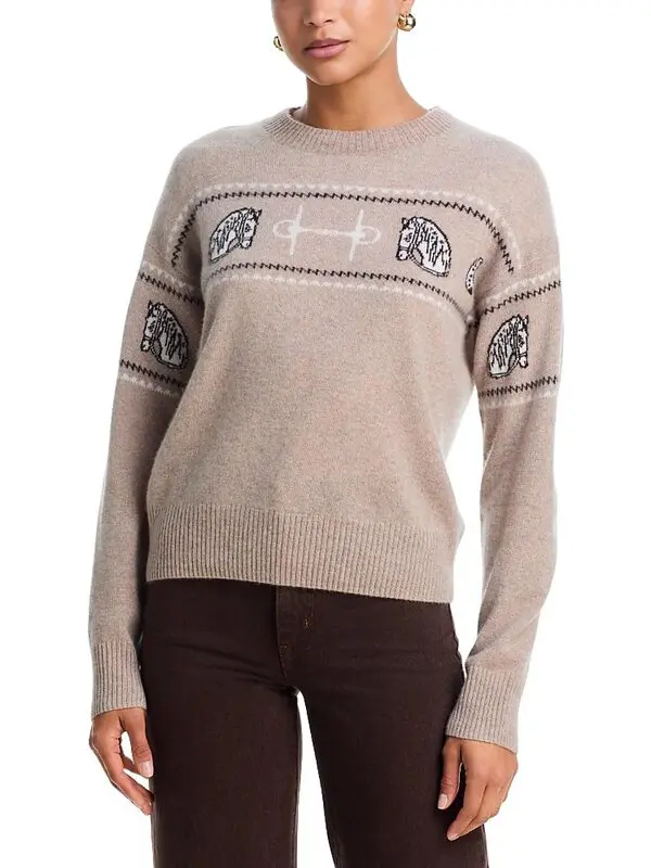 Aqua 100% Cashmere Horse Crewneck Sweater - Wheat