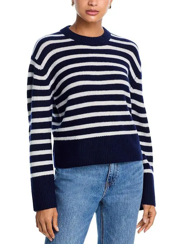 Aqua 100% Cashmere Crewneck Sweater - Peacoat/ivory Stripes