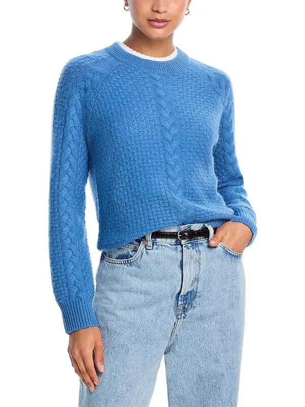 Aqua 100% Cashmere Basketweave Cable Crewneck Sweater - Blue Jay