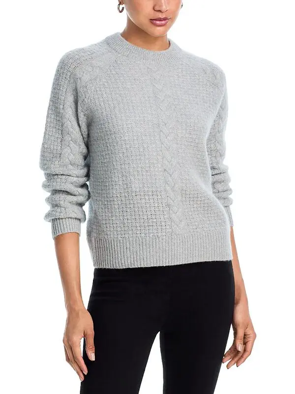 Aqua 100% Cashmere Basketweave Cable Crewneck Sweater - Light Gray