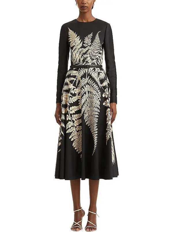 Oscar De La Renta Long Sleeve Fern Print Dress - Black/ecru