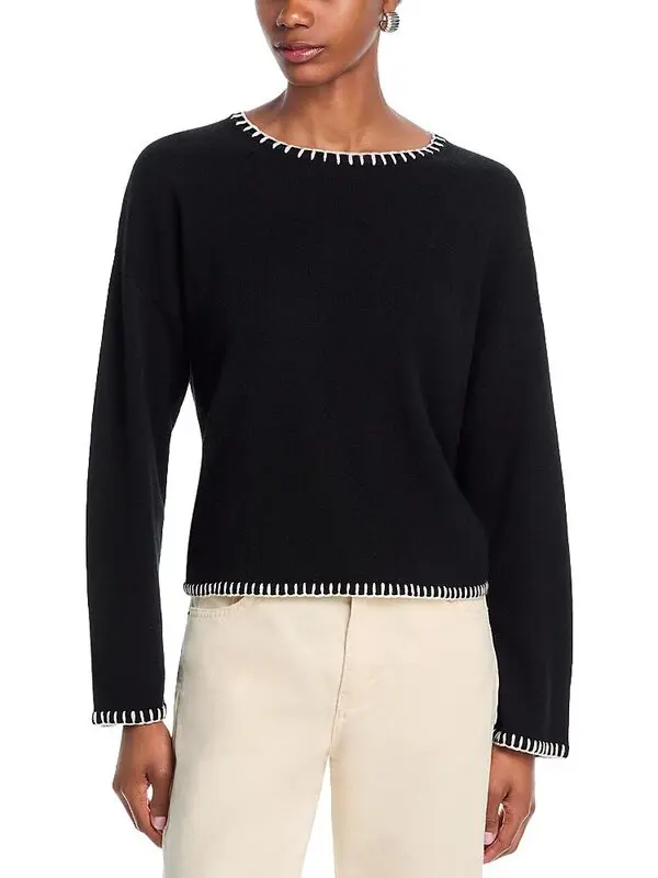 Aqua Cashmere Whipstitch Crewneck Sweater - Black/ivory