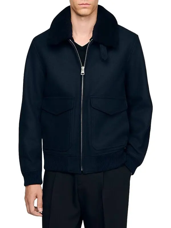 Sandro Aviator Jacket With Removable Shearling Collar - Navy Blue