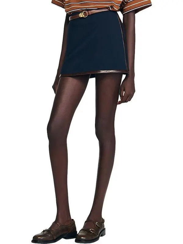 Sandro Leather Trim Mini Skirt - Navy Blue