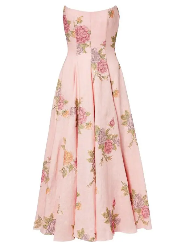 MARKARIAN Floral Linen Corset Midi Dress - Pink