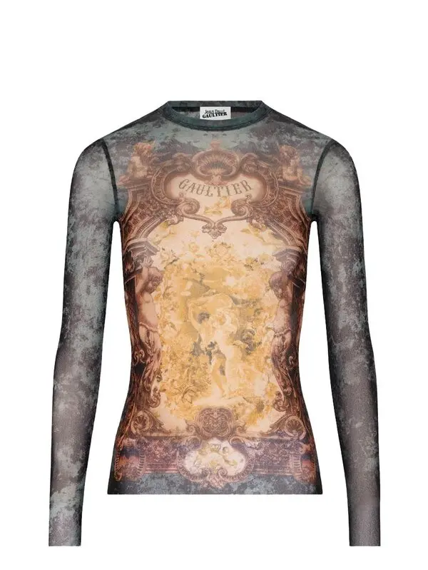 JEAN PAUL GAULTIER Médaillon Print Mesh Long Sleeve Top - Multi