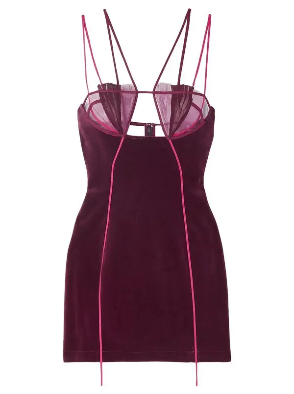 NENSI DOJAKA Cutout Tulle-trimmed Velvet Mini Dress - Burgundy