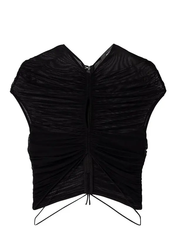 MUGLER Cropped Ruched Stretch-tulle Top - Black