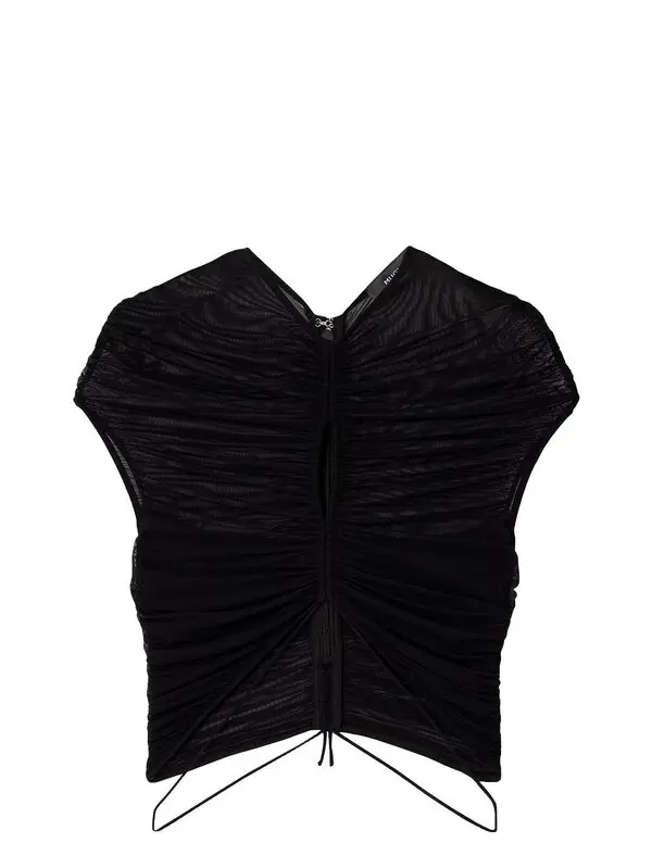 MUGLER Cropped Ruched Stretch-tulle Top - Black