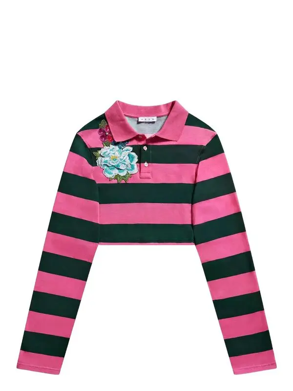 AREA Embroidered Stripe Cropped Polo Top - Pink