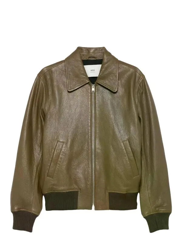 Ami Leather Jacket With Ribbed Trim - Brown
