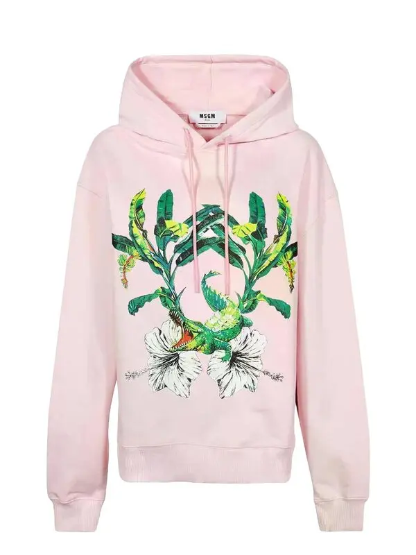 MSGM Crocodile And Floral Print Cotton Hoodie - Pink