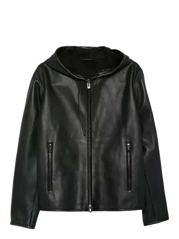 Emporio Armani Leather Zip-front Hooded Jacket - Black