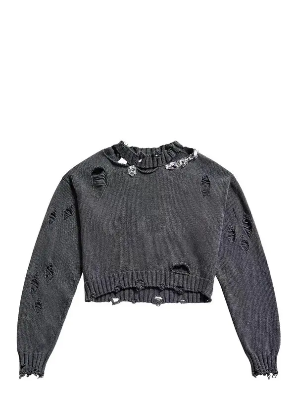 AREA Crystal-embellished Distressed Sweater - Grey