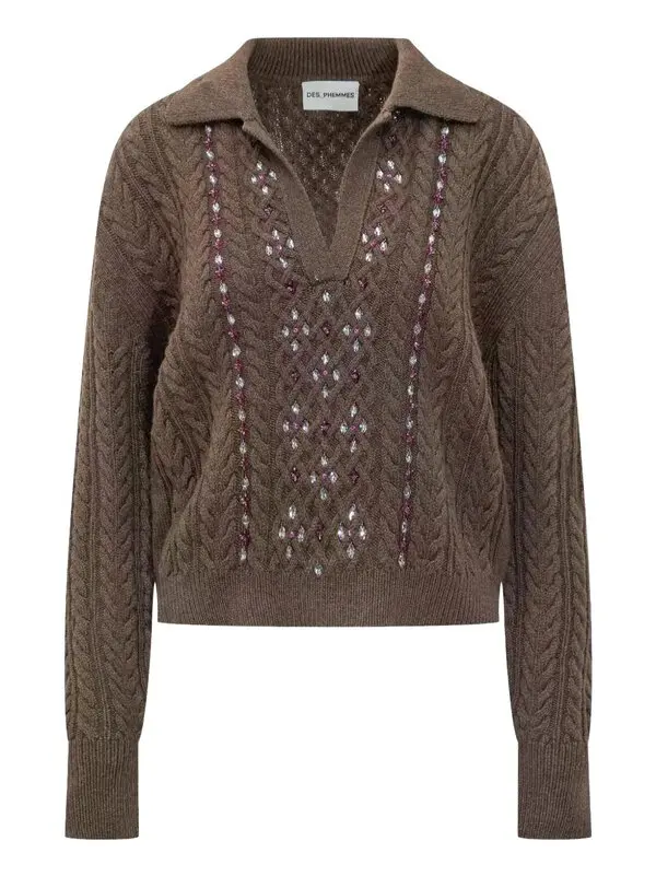 DES_PHEMMES Cable-knit Embellished Polo-neck Top - Brown