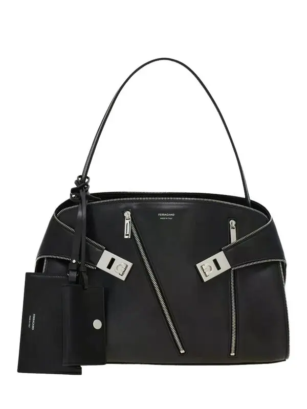 FERRAGAMO Medium Zip-detail Shoulder Bag - Black