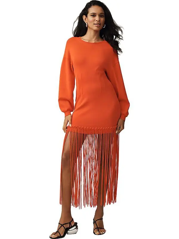 SIMONMILLER Wallis Long-sleeve Knit Fringe Dress - Coral Red