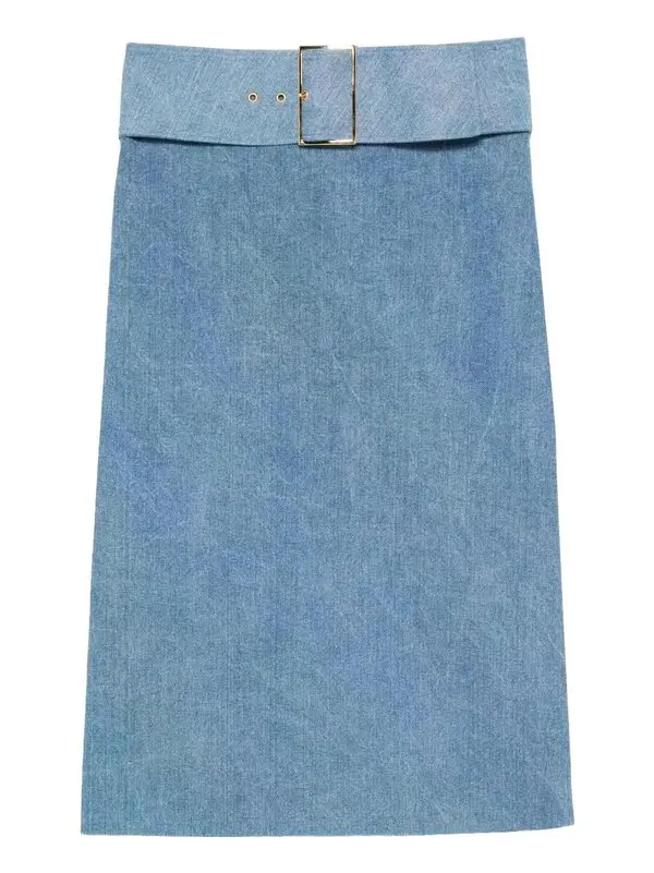 ROWEN ROSE Belted Denim Midi Skirt - Blue