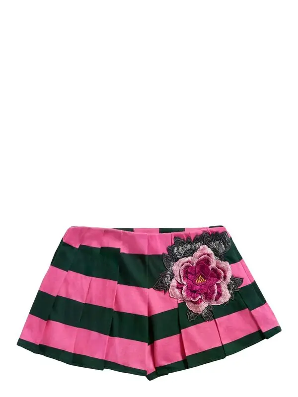 AREA Pleated Striped Shorts With Floral Embellishments - Pink