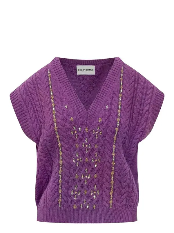 DES_PHEMMES Cable-knit Embellished Sweater - Purple