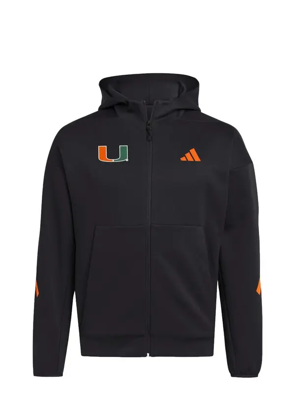 Adidas Miami Hurricanes Full-zip Player Travel Zne Hoodie - Black / Collegiate Orange