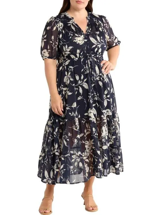 GIBSONLOOK Kira Print Drawstring Maxi Dress - Navy White Floral