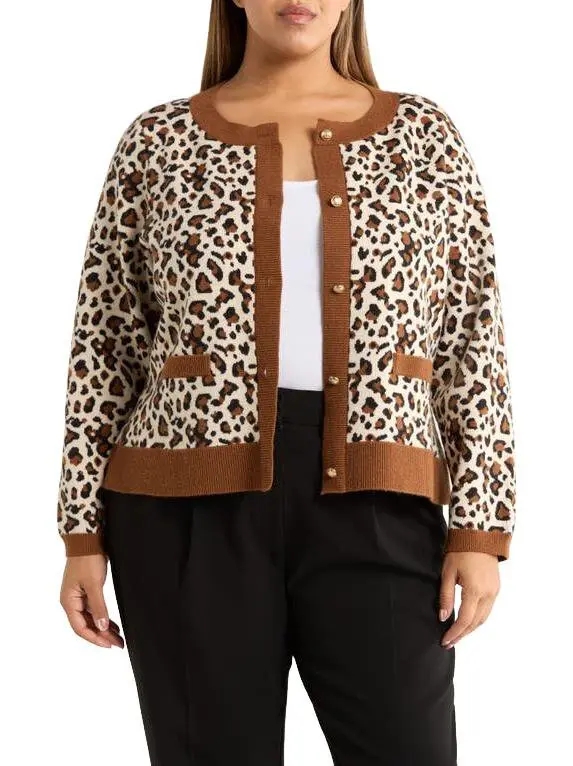 TAHARI ASL Leopard Jacquard Knit Cardigan With Crest Buttons - Espresso Multi