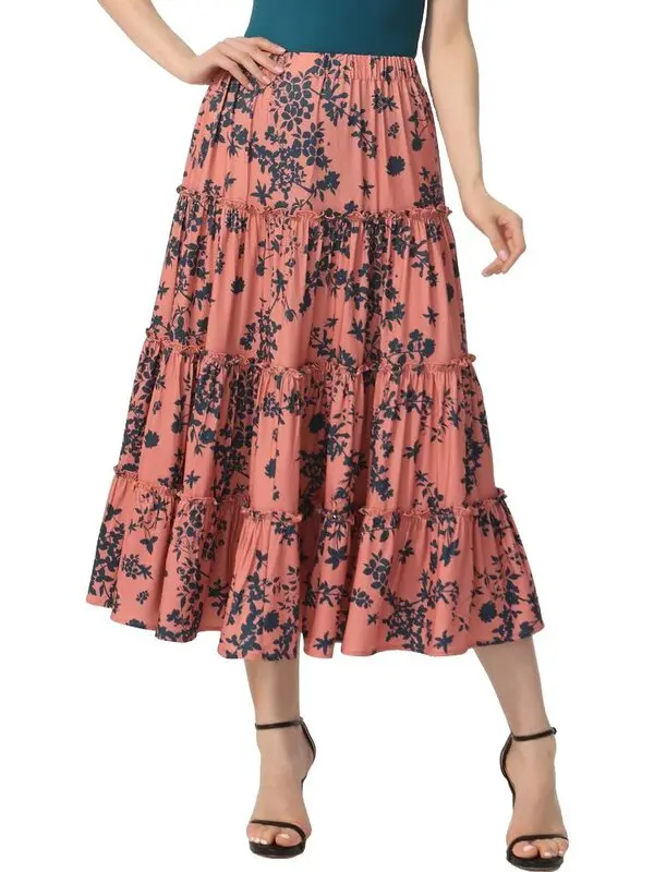 KIMI + KAI Tiered Ruffle Midi Skirt - Coral
