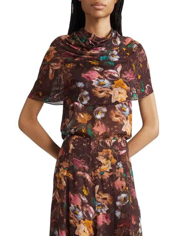Lela Rose Floral Chiffon Cowl Neck Top - Brown