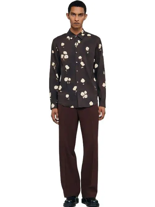 Sandro Floral Print Linen Shirt - Chocolate
