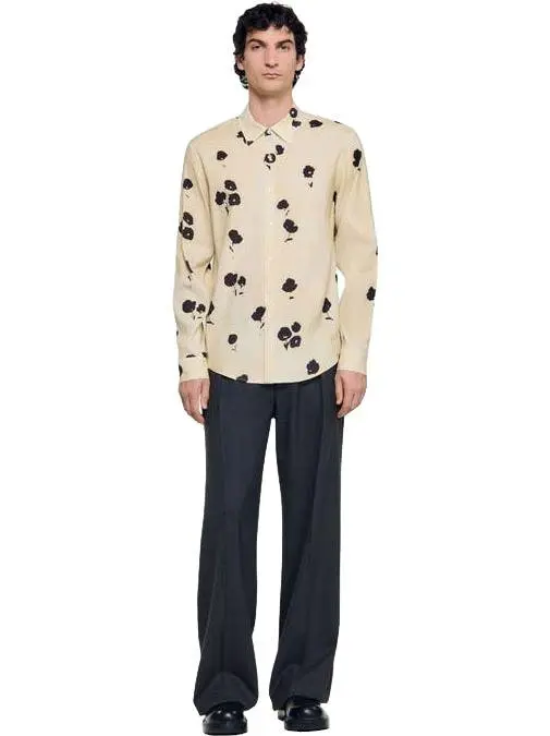 Sandro Floral Print Linen Shirt - Off White