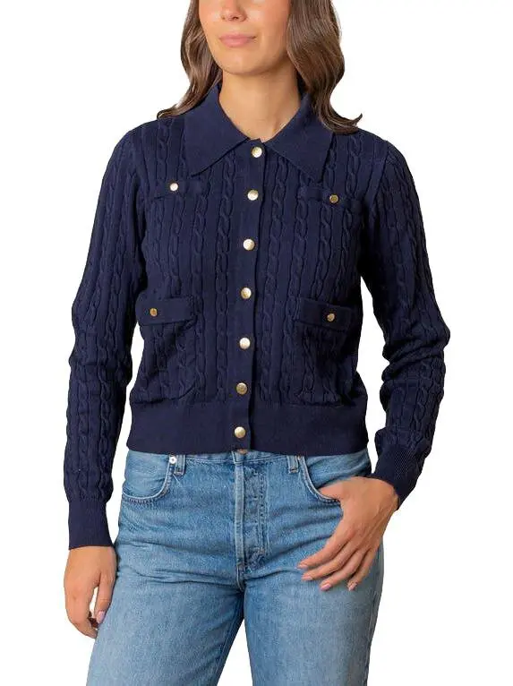HOPE & HENRY Organic Cable Knit Collared Cardigan Sweater - Navy Cable