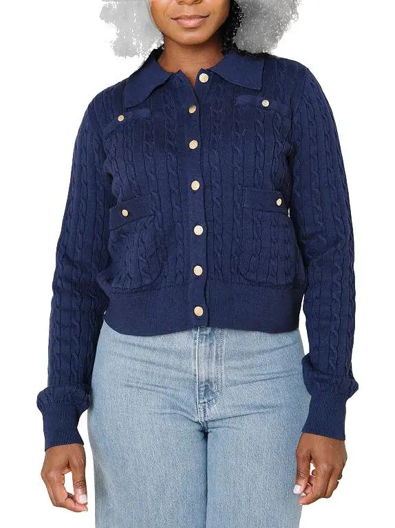 HOPE & HENRY Organic Cable Knit Collared Cardigan Sweater - Navy Cable