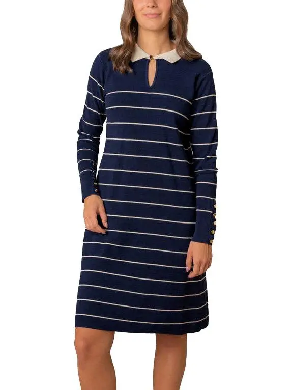 HOPE & HENRY Organic Long Sleeve Collared Sweater Dress - Navy Breton Stripe