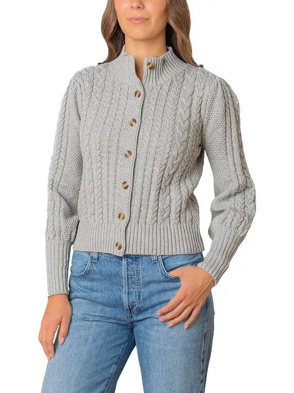 HOPE & HENRY Organic Mock Neck Cable Cardigan Sweater - Gray Heather