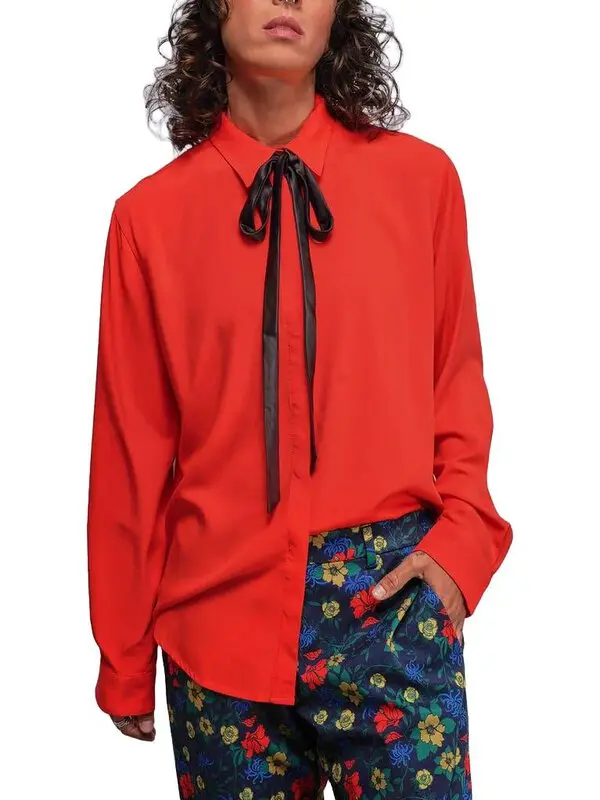 WILDFANG The Empower Long Sleeve Bow Button-up - Chili/black