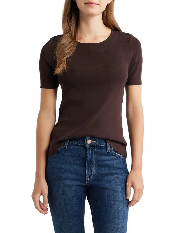 TAHARI ASL Fine-gauge Short Sleeve Sweater - Espresso