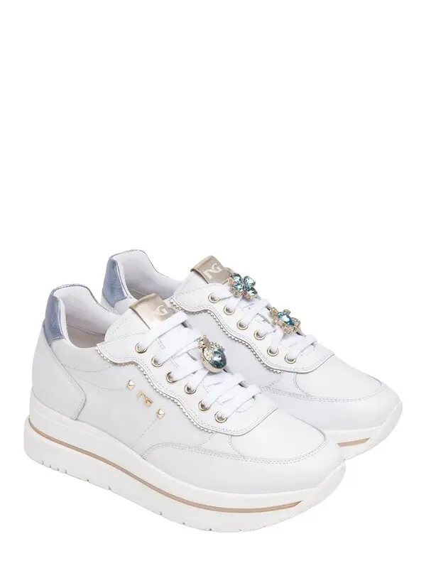 NEROGIARDINI Crystal-embellished Leather Lace-up Sneakers - White