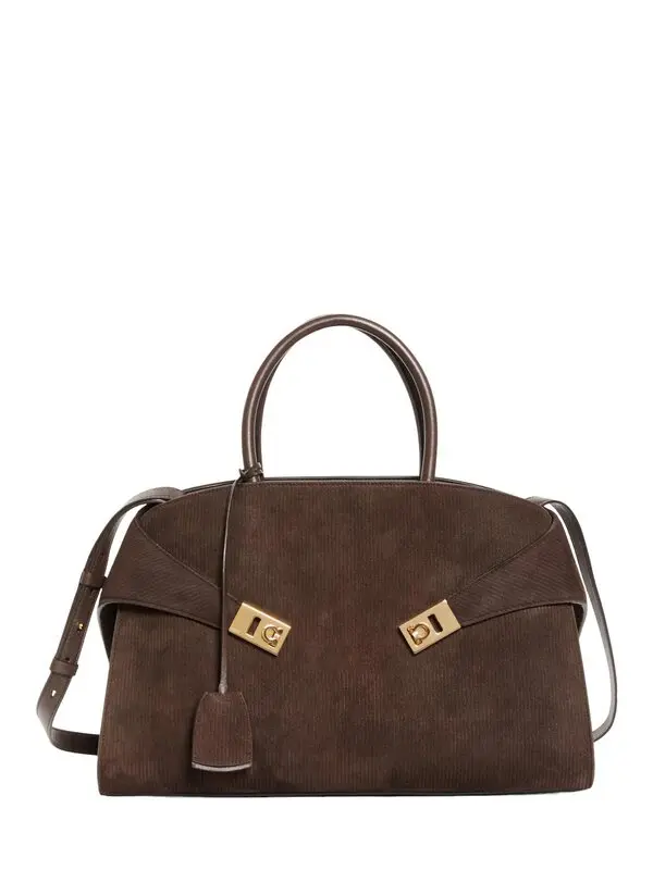 FERRAGAMO Medium Suede Top Handle Bag - Testa Di Moro